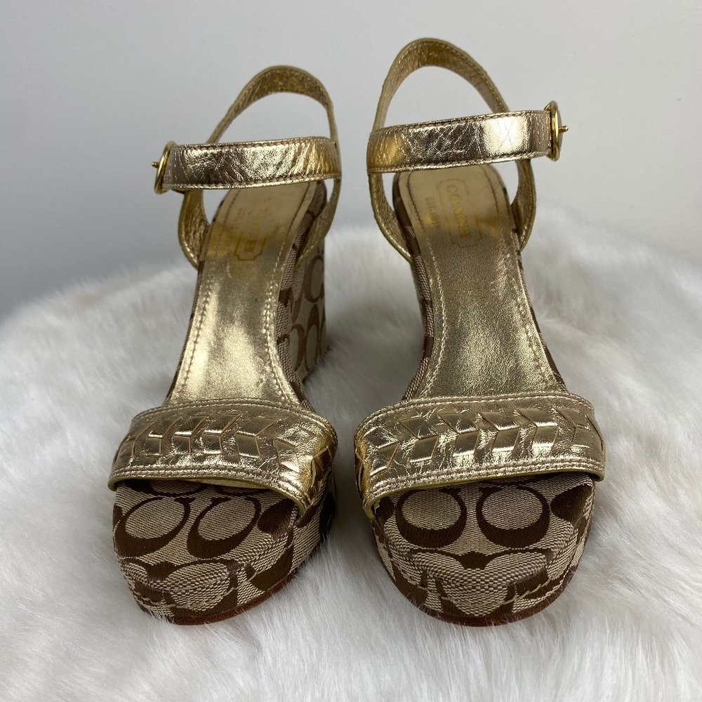 Coach Gold Monogram Logo Strap Platform Heels 6b - Gem